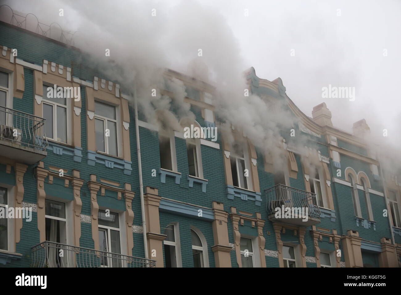 Fire in a historic city-center building. Fire in the office center ...