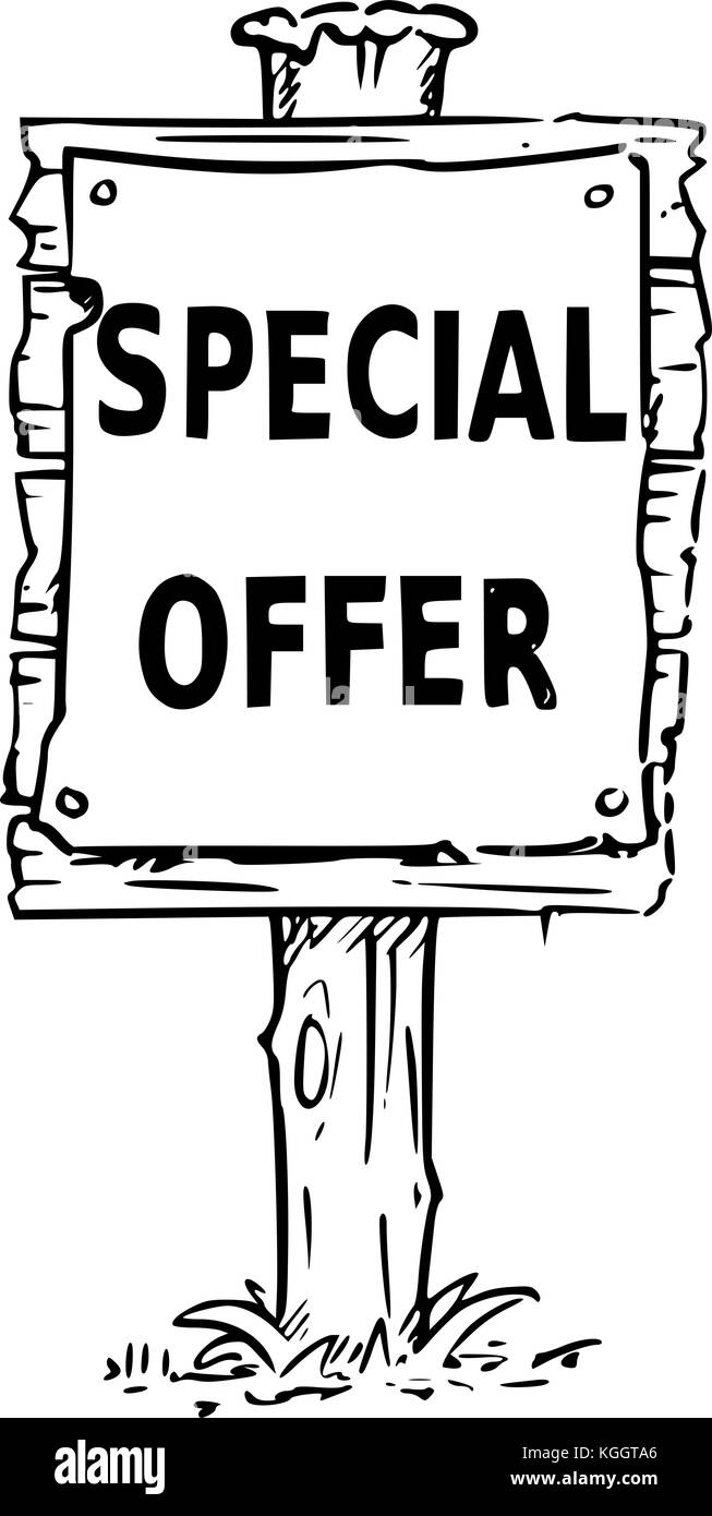 Vector drawing of wooden sign board with business text special offer ...