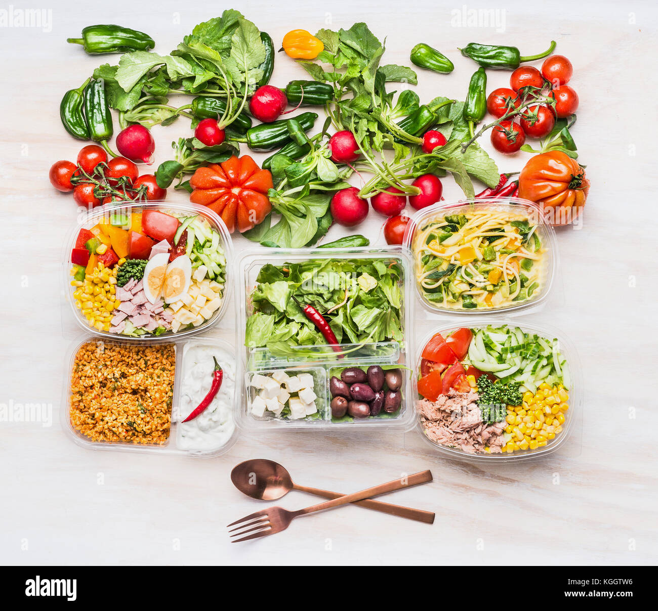 Healthy food concept. Variety of clean dieting salad bowls and ...