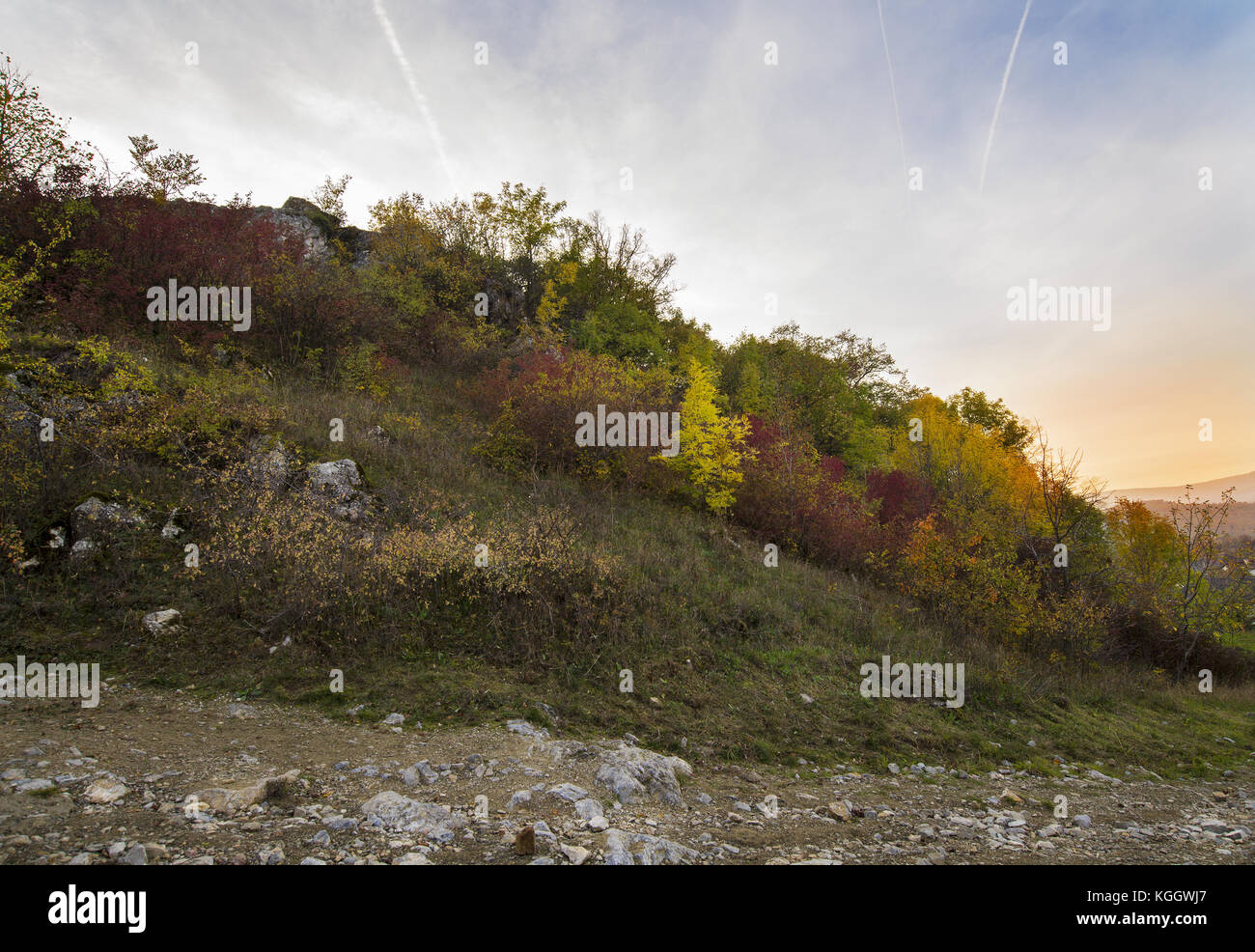 Mountain with rocks in the fall yellow and red color. Autumn scene ...