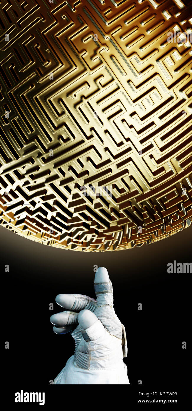 astronaut pointing to a golden maze planet (3d illustration, background ...