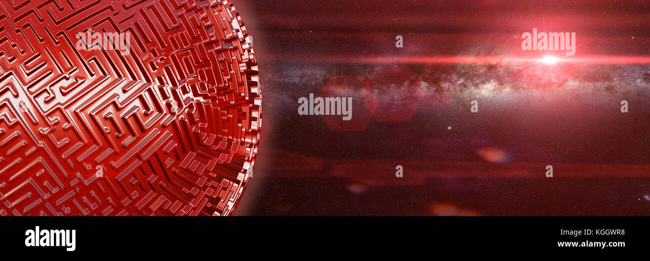maze planet in front of the Milky Way galaxy and a bright red star (3d ...