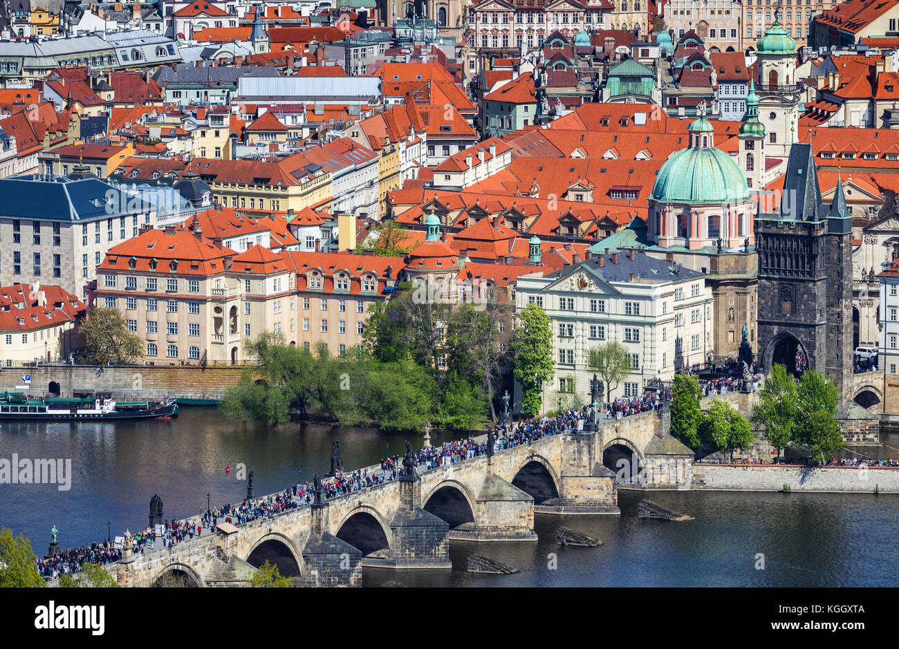 Skyline view panorama of Charles bridge (Karluv Most) with Old Town in Prague. Czech Republic ...