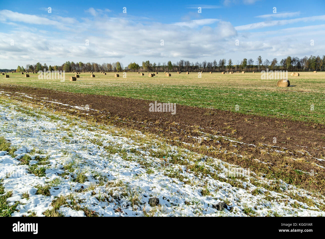 Hay stacks on the field, powdered with the first October snow Stock ...