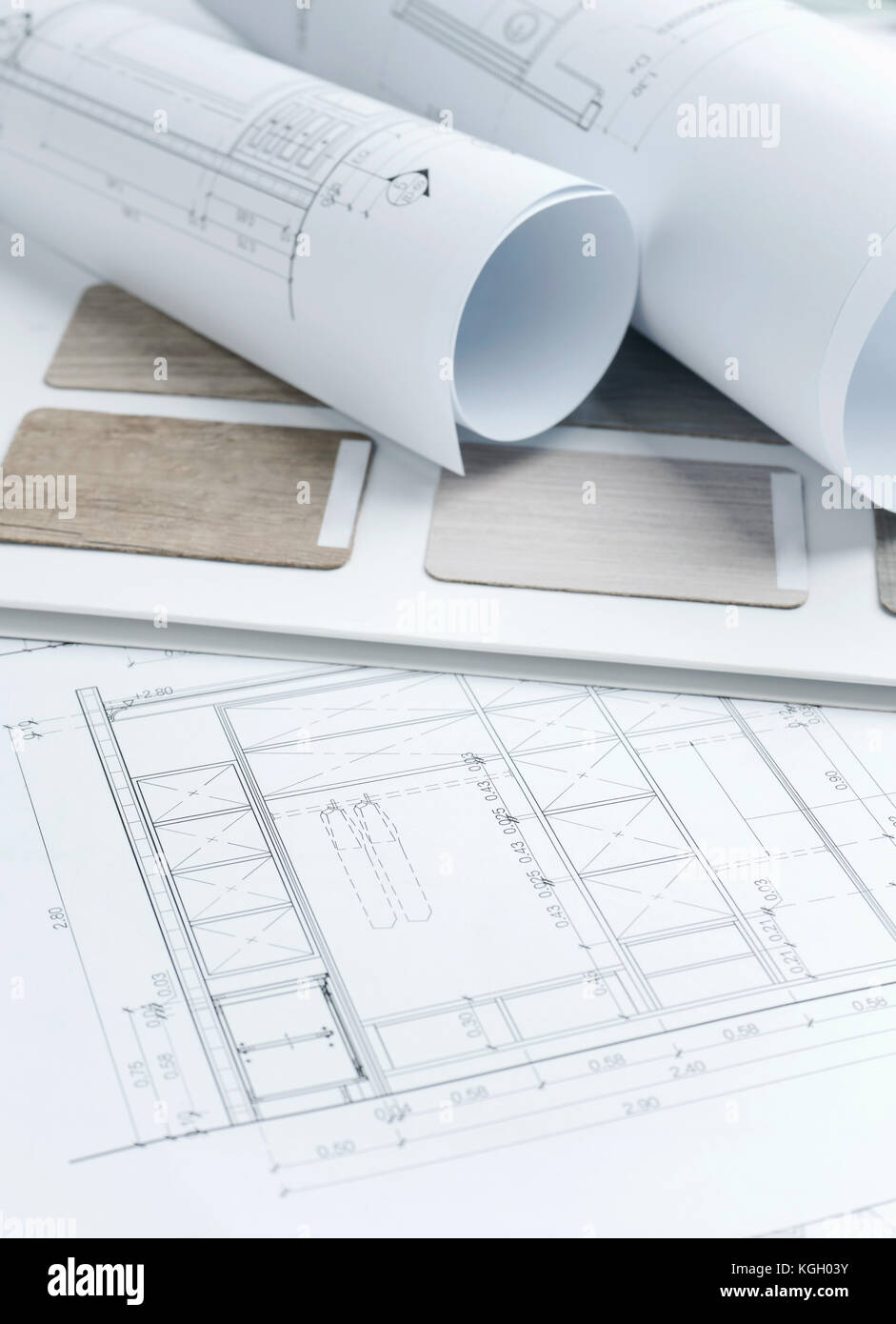 color and material samples on architectural drawings of the modern ...
