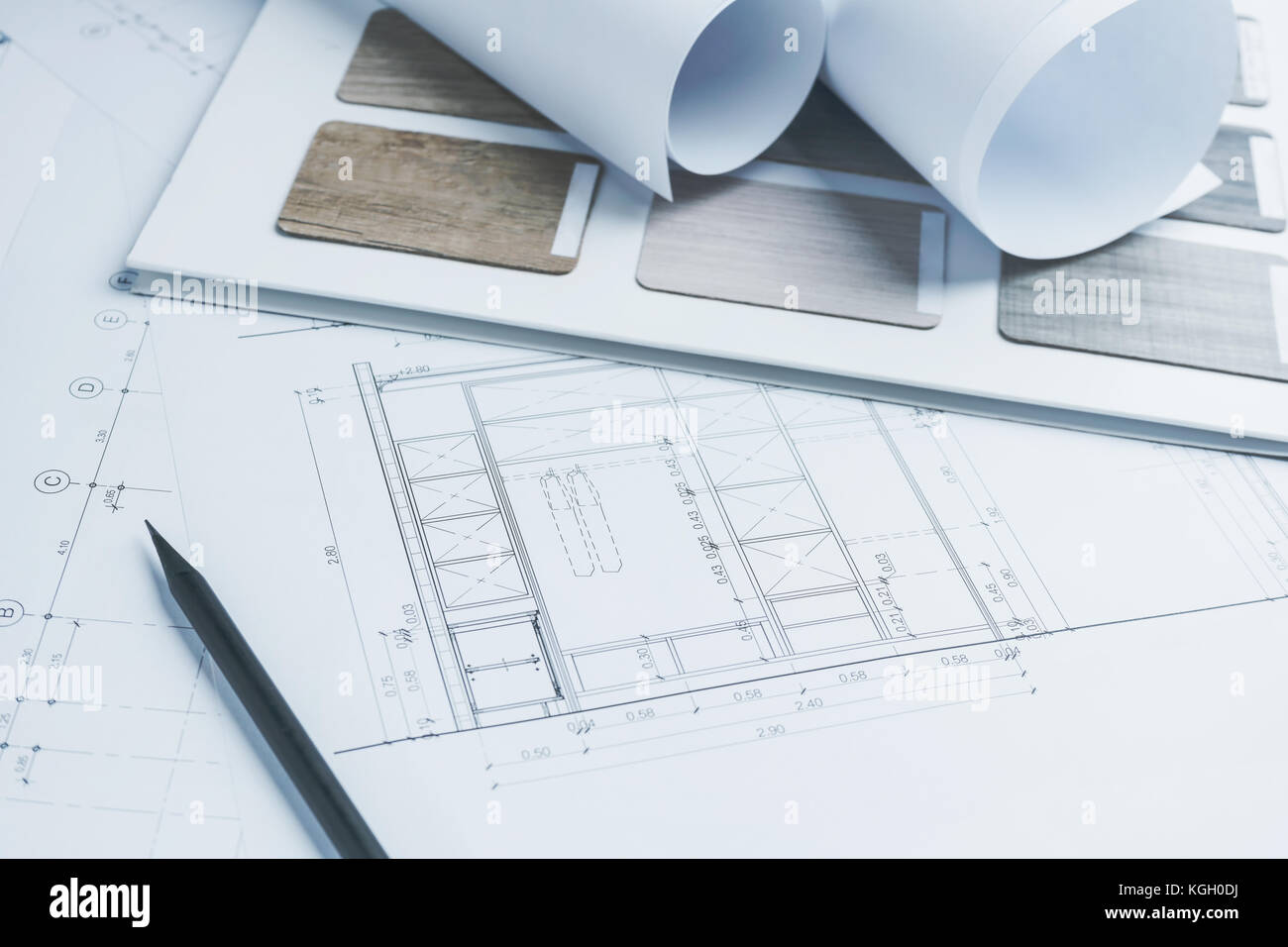 architectural drawings paper with color and material samples for ...