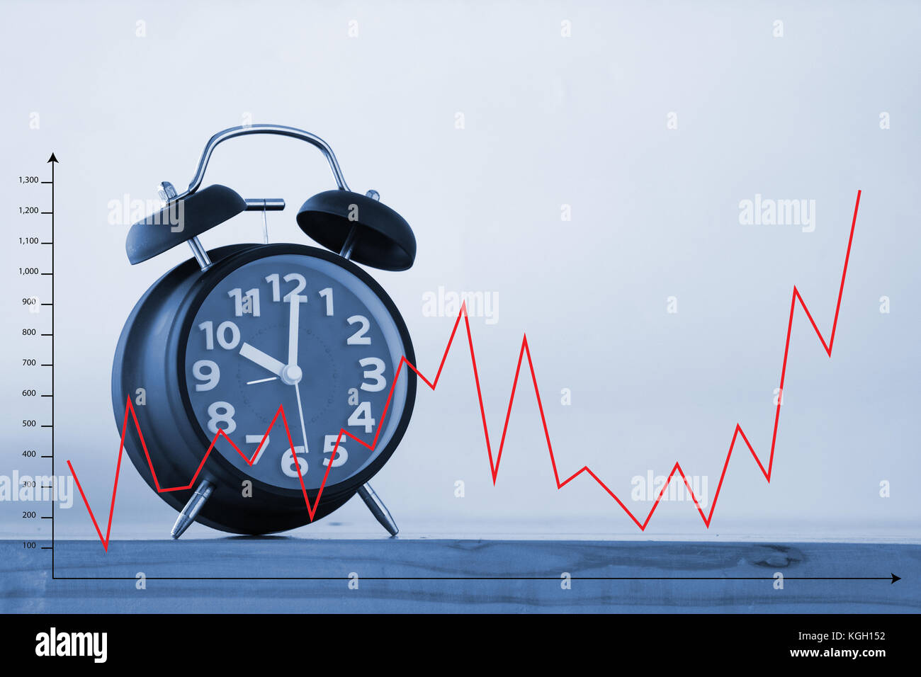Black color vintage alarm clock on bright table with financial graph ...