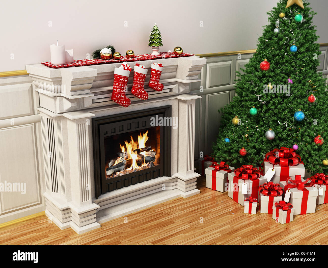 Christmas tree beside burning fireplace. 3D illustration Stock Photo ...