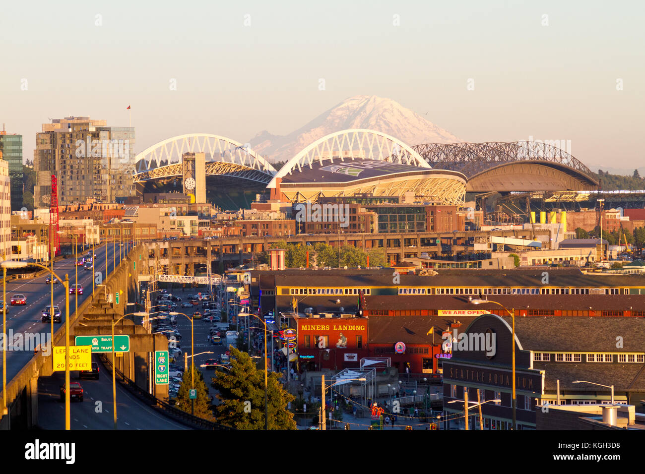 Miners Landing, Century Link Field, and Pier 57 ,seen in late afternoon ...