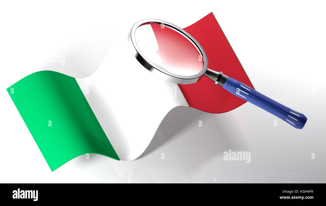 Magnifier on the flag of Italy - 3D rendering Stock Photo - Alamy
