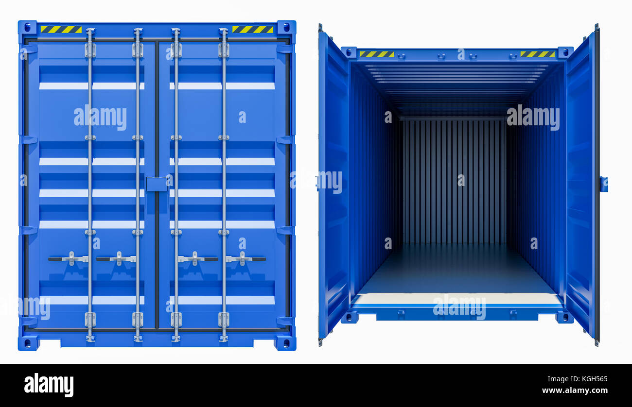 Blue cargo freight container, opened and closed Stock Photo - Alamy