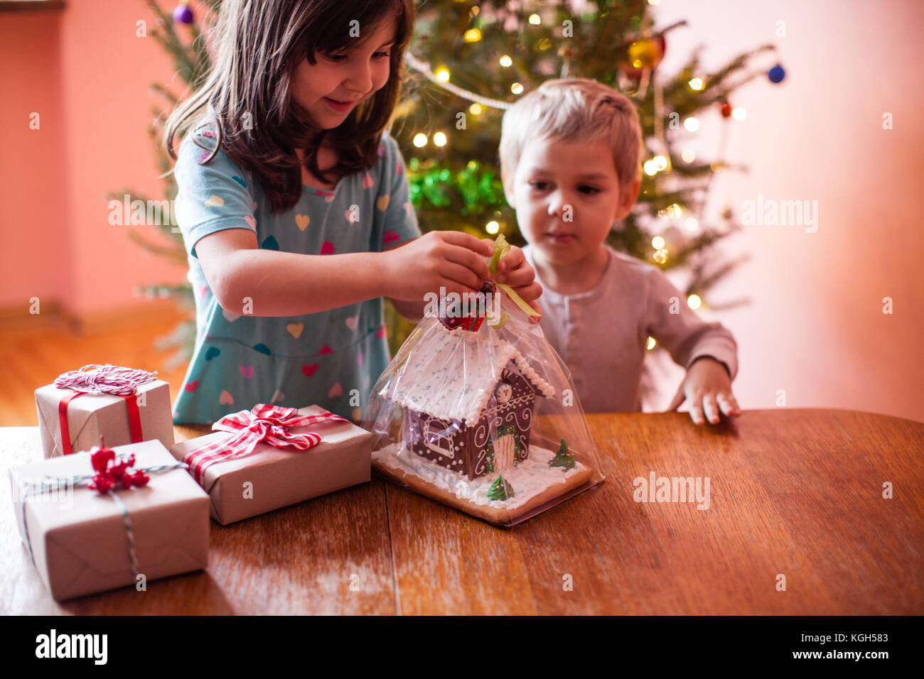 Kids with gingerbread house Stock Photo - Alamy