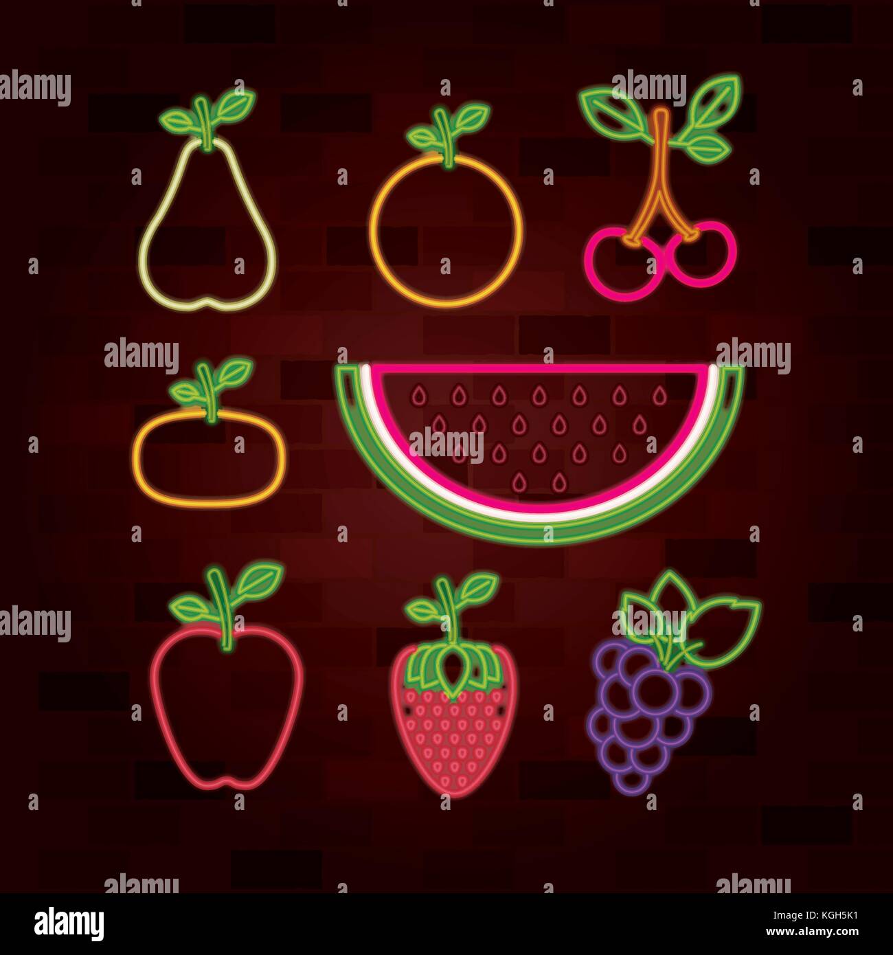 fruits set in neon sign on brick wall Stock Vector Image & Art - Alamy