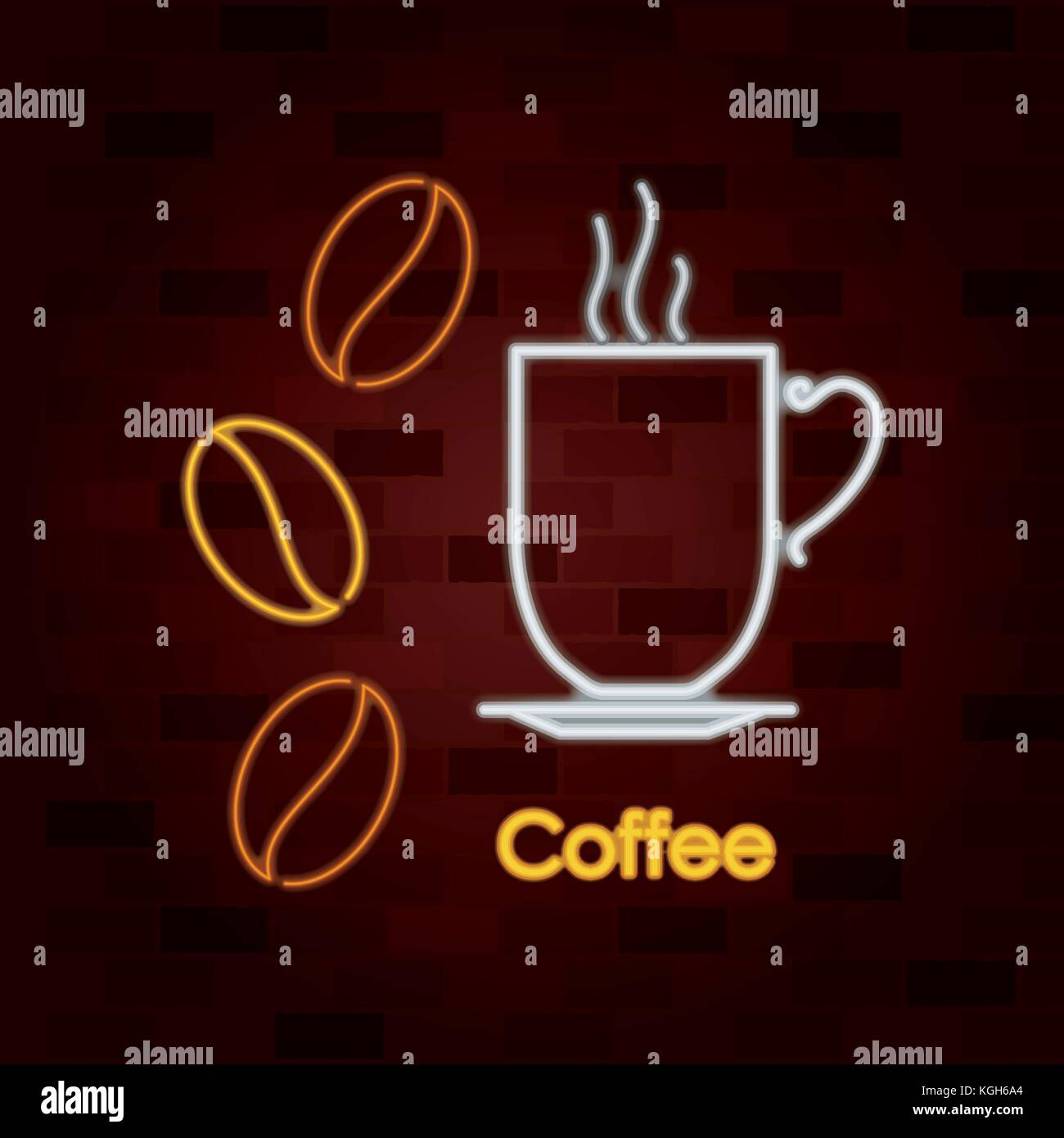 hot coffee cup on dish and coffee beans in neon sign on brick wall ...