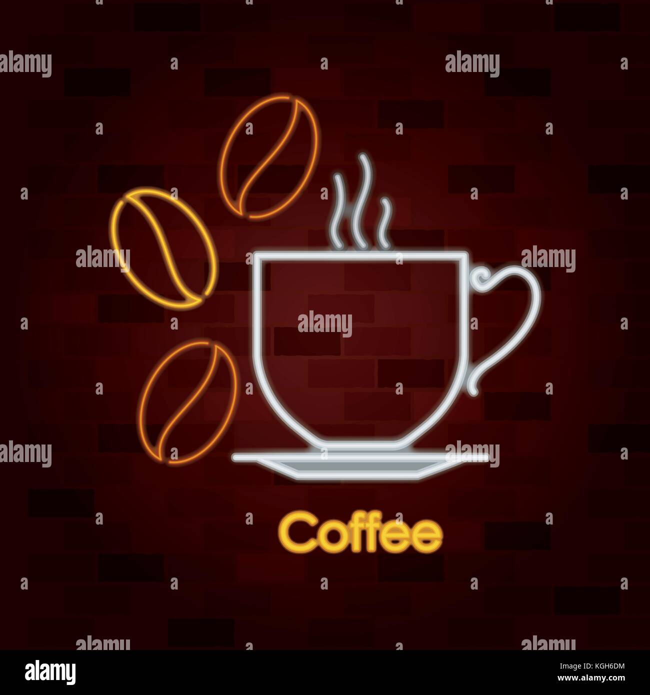hot coffee drinking cup on dish and coffee beans in neon sign on brick ...