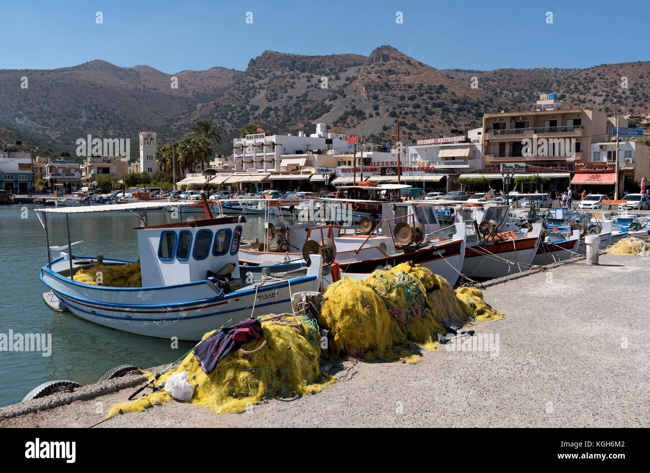 The fishing boat harbour at Elounda a seaside resort in northern Crete ...