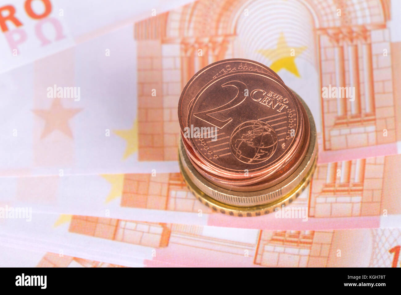 Stack of euro banknotes and coins, currency money in finance concept ...