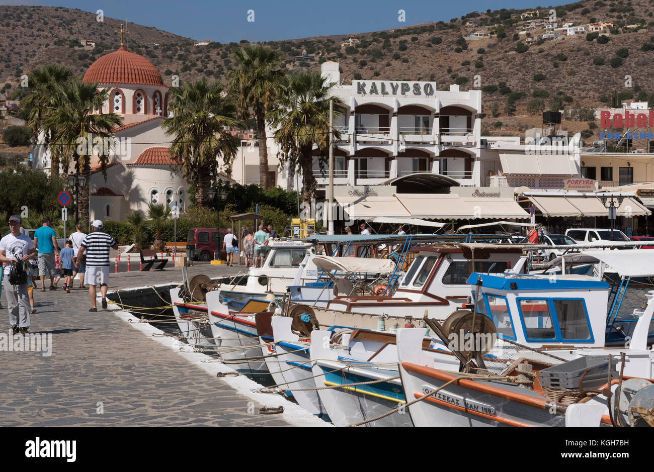 The fishing boat harbour at Elounda a seaside resort in northern Crete ...
