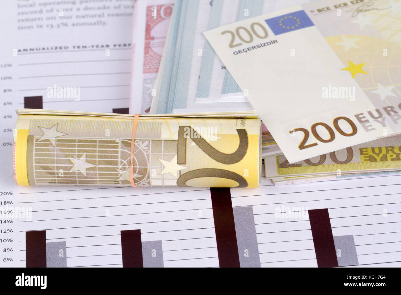 Finance concept, euro banknotes with bar graph chart background Stock ...