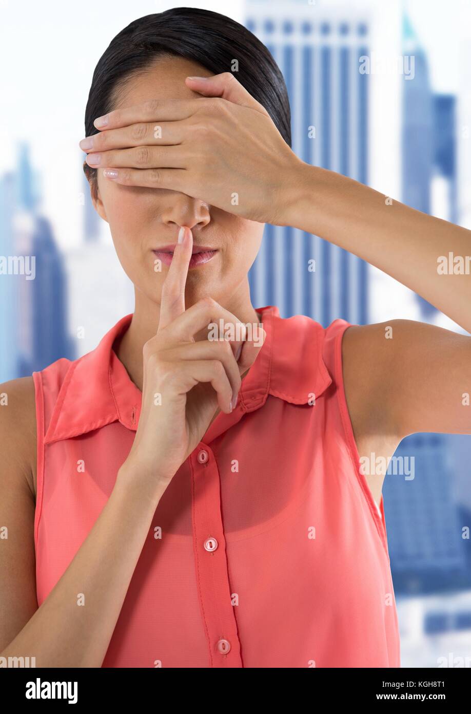 Digital composite of Businesswoman covering eyes with hand in city and ...