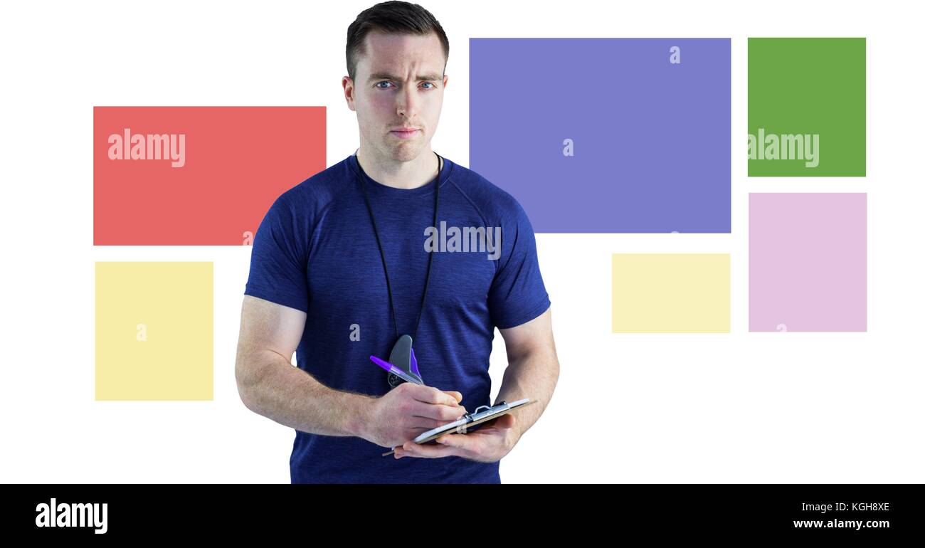Digital composite of Fitness trainer man with minimal shapes writing on ...