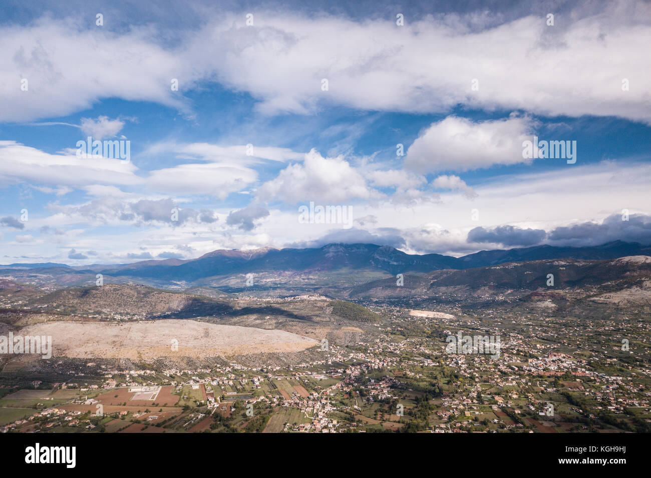 Aerial view of an Italian countryside with a dramatic and cloudy sky ...