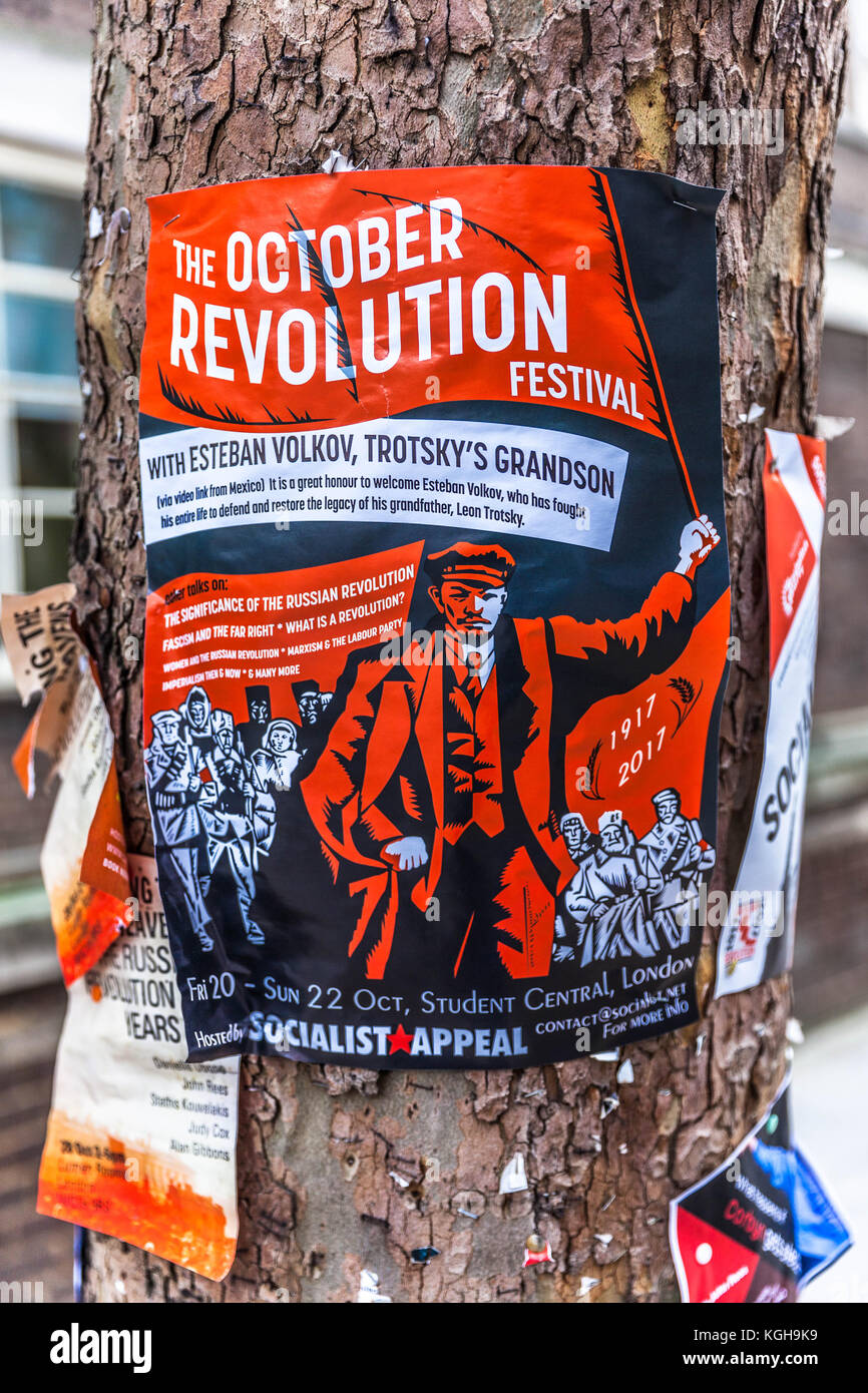 An October Revolution festival poster pinned to a tree, Gower Street ...