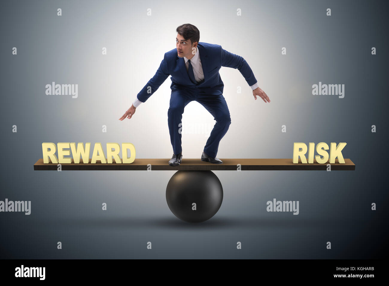 Businessman balancing between reward and risk business concept Stock ...