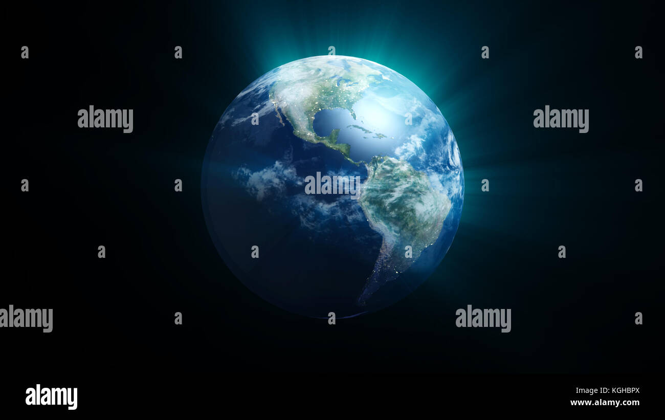 Planet earth with shine effect on black background Stock Photo - Alamy