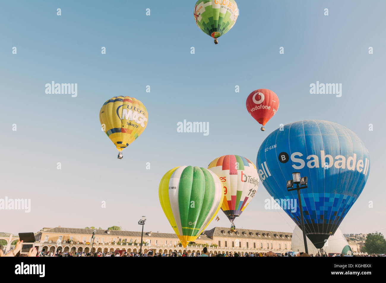 ARANJUEZ, SPAIN - OCTOBER 14, 2017, hot ballon air flying next to the ...
