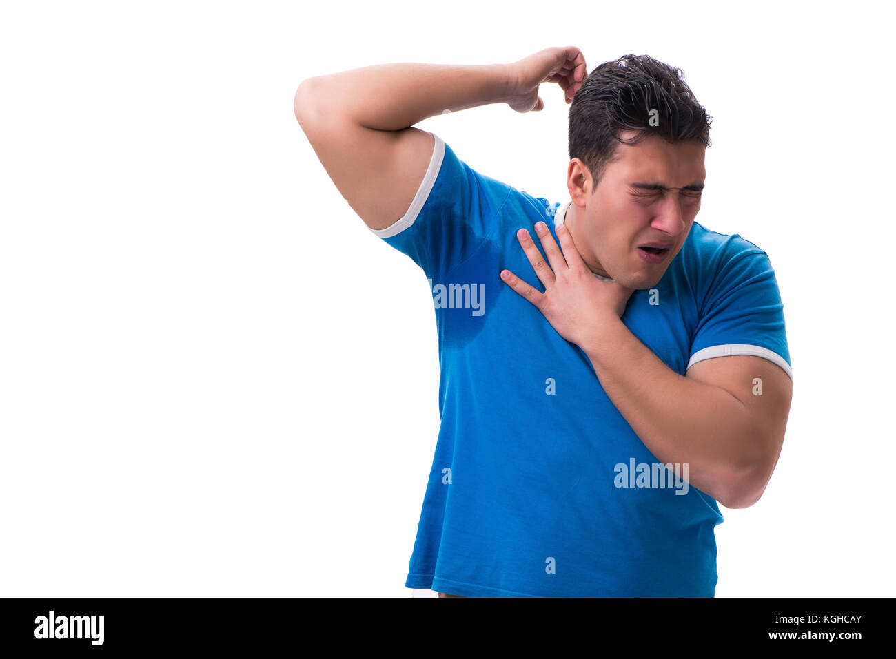 Man sweating excessively smelling bad isolated on white background ...