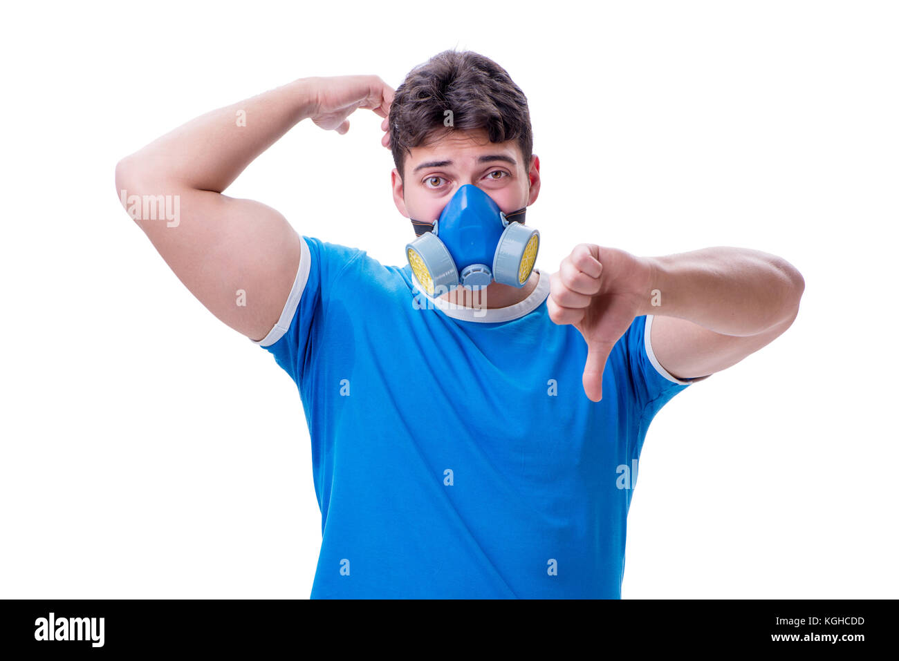 Man sweating excessively smelling bad isolated on white background ...