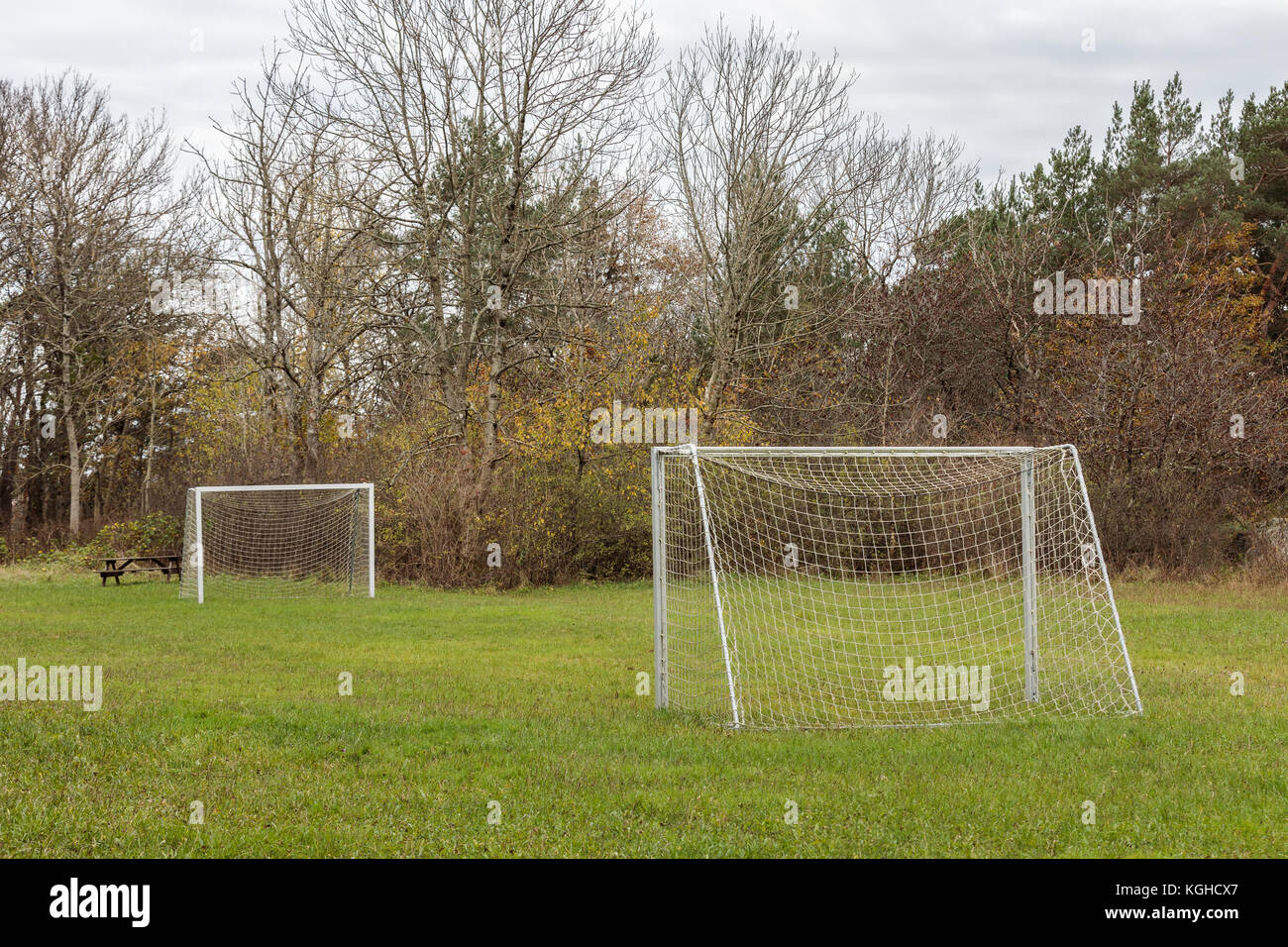 Small football field with two goals outdoors on green grass Stock Photo ...