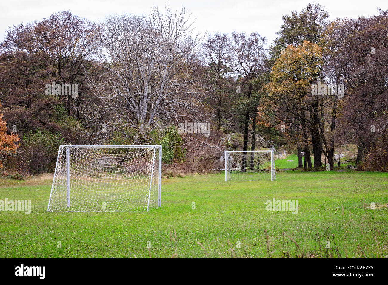 Small football field with two goals outdoors on green grass Stock Photo ...