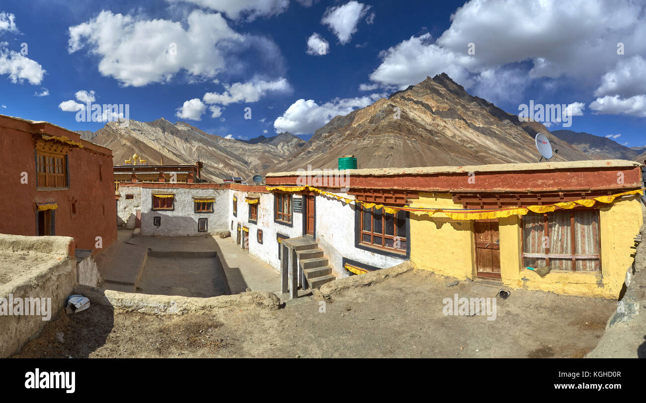 The inner courtyard of the Buddhist monastery of Rangdum, the yellow ...