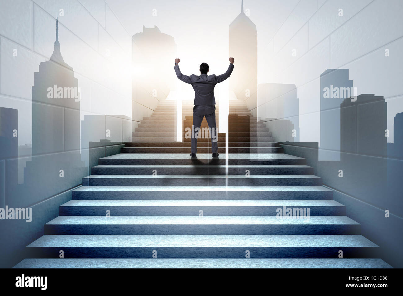 Businessman climbing up challenging career ladder in business concept ...