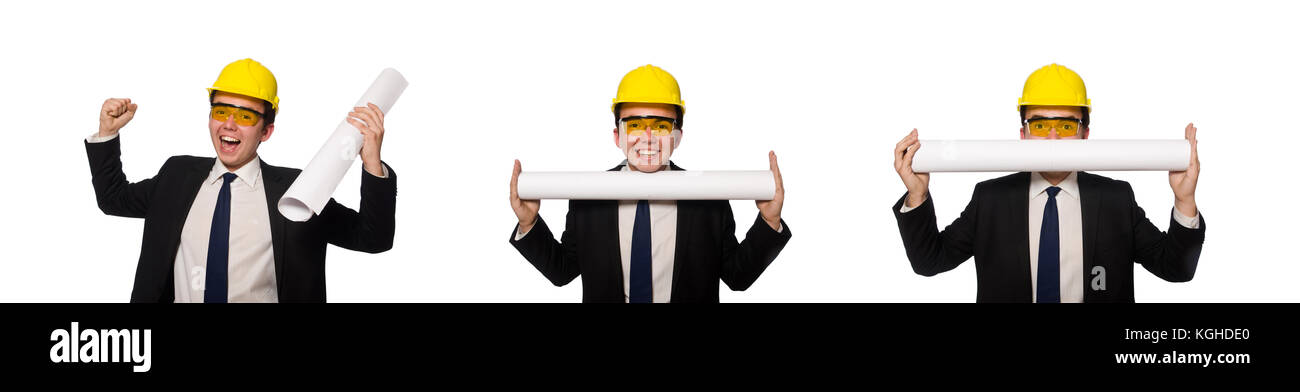 Funny architect with drawings on white Stock Photo - Alamy