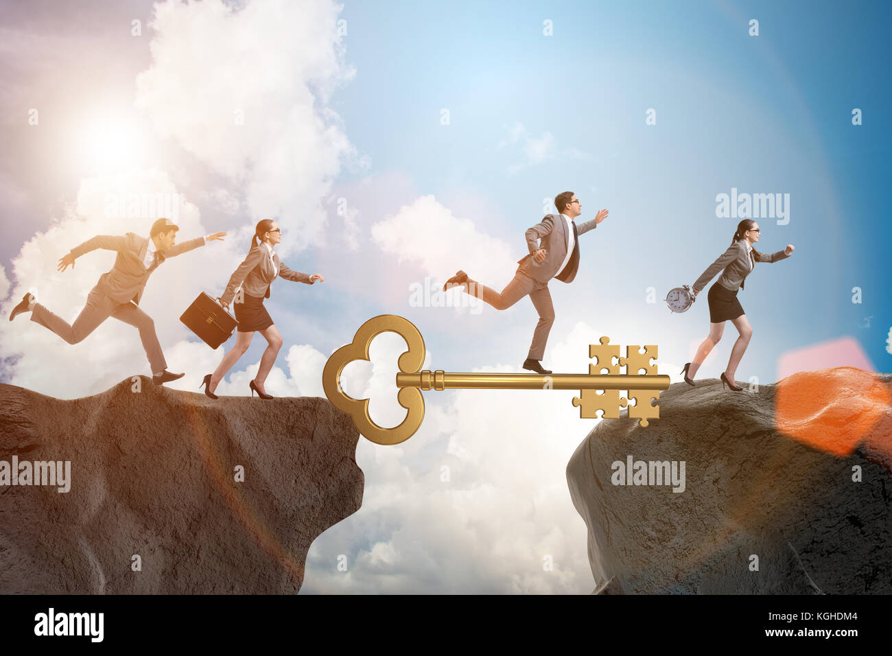 Business people chasing each other towards key to success Stock Photo ...