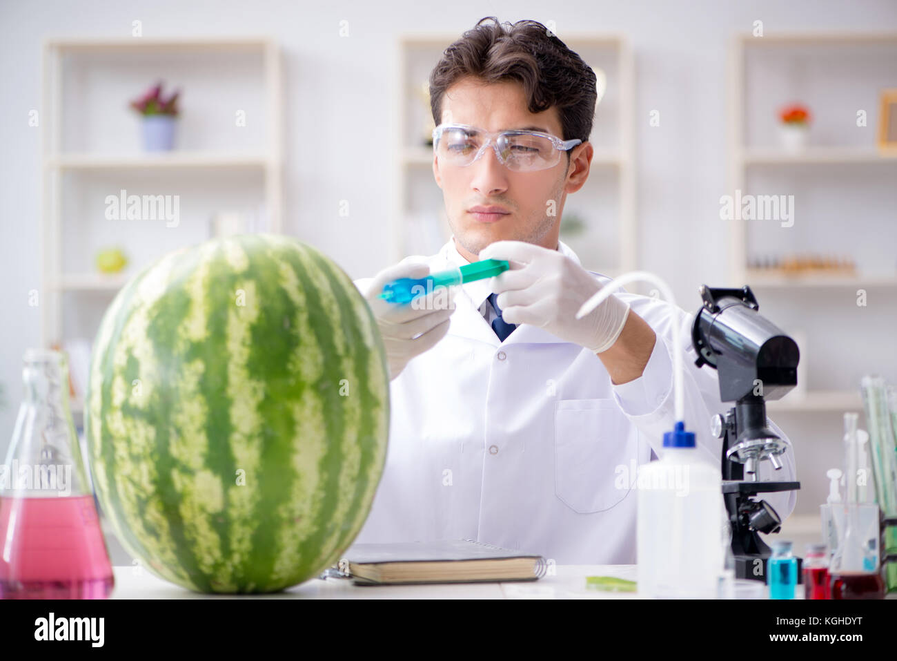 Scientist testing watermelon in lab Stock Photo - Alamy
