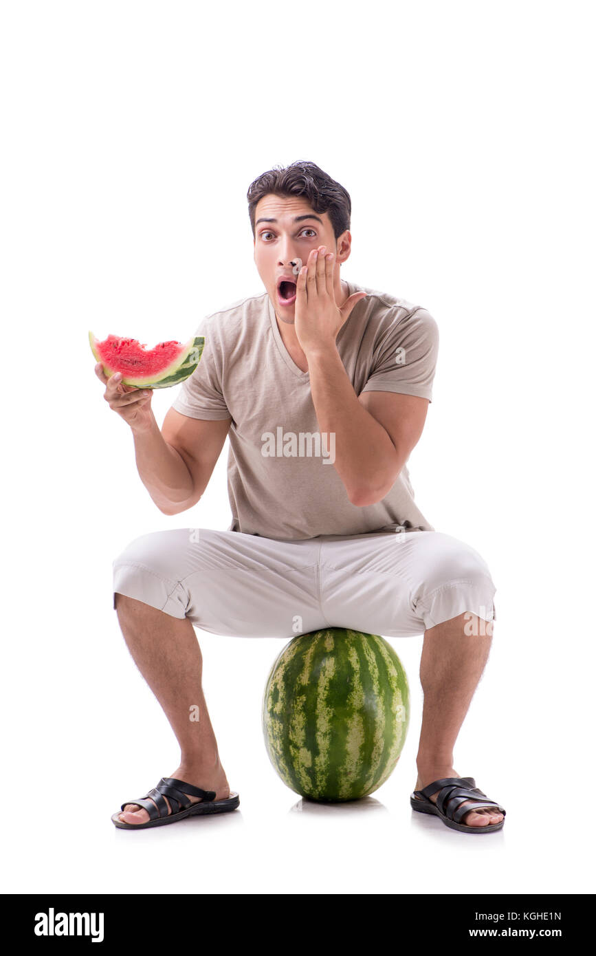 Young man with watermelon isolated on white Stock Photo - Alamy
