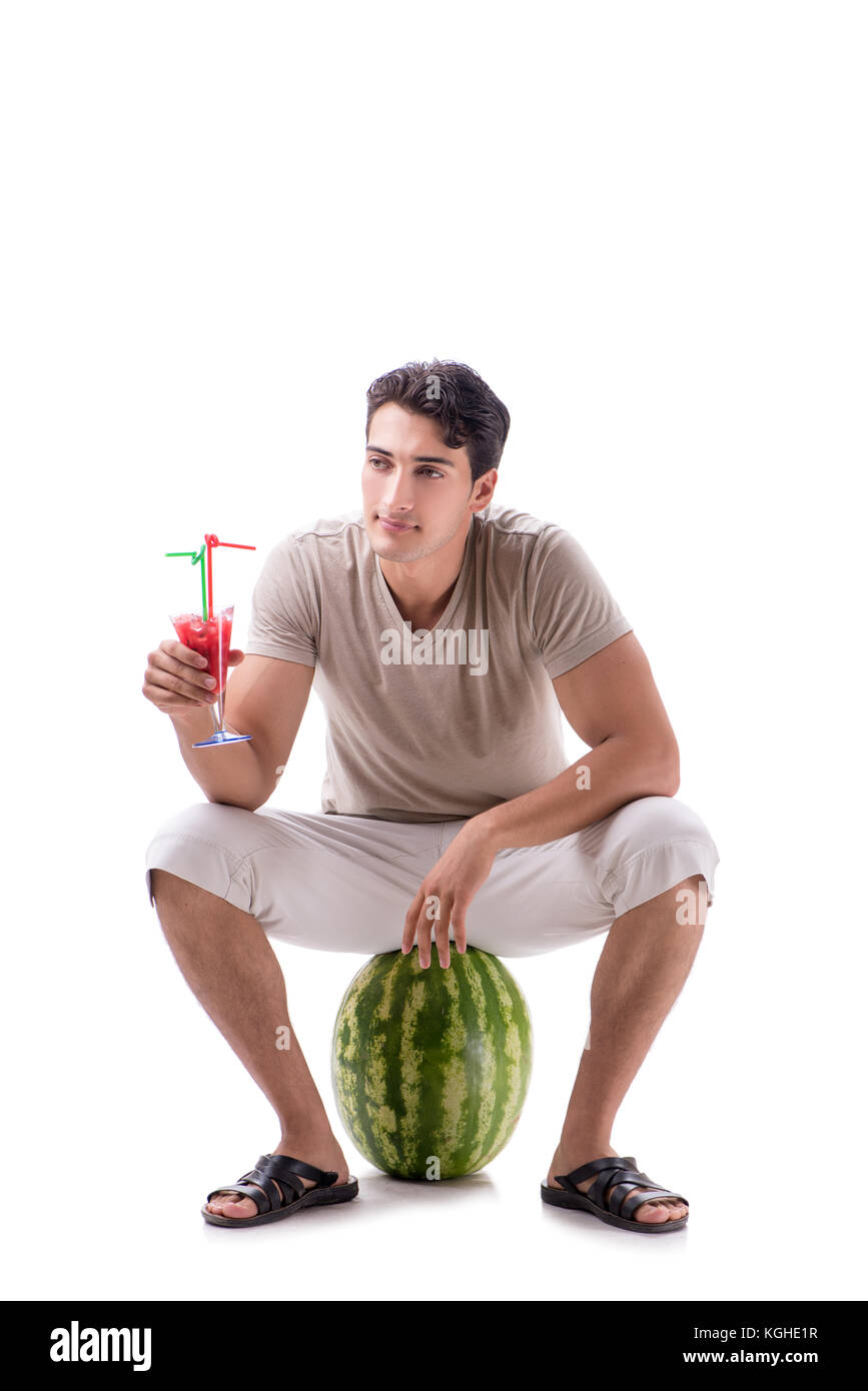 Young man with watermelon isolated on white Stock Photo - Alamy