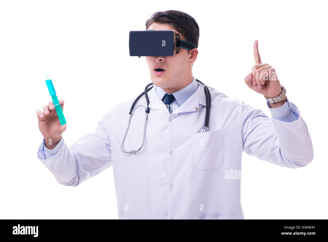 Doctor wearing a vr virtual reality headset isolated on white ...
