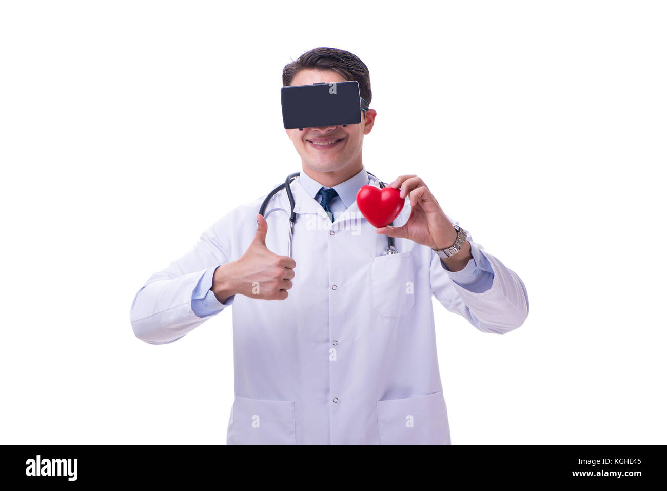 Doctor wearing a vr virtual reality headset isolated on white ...