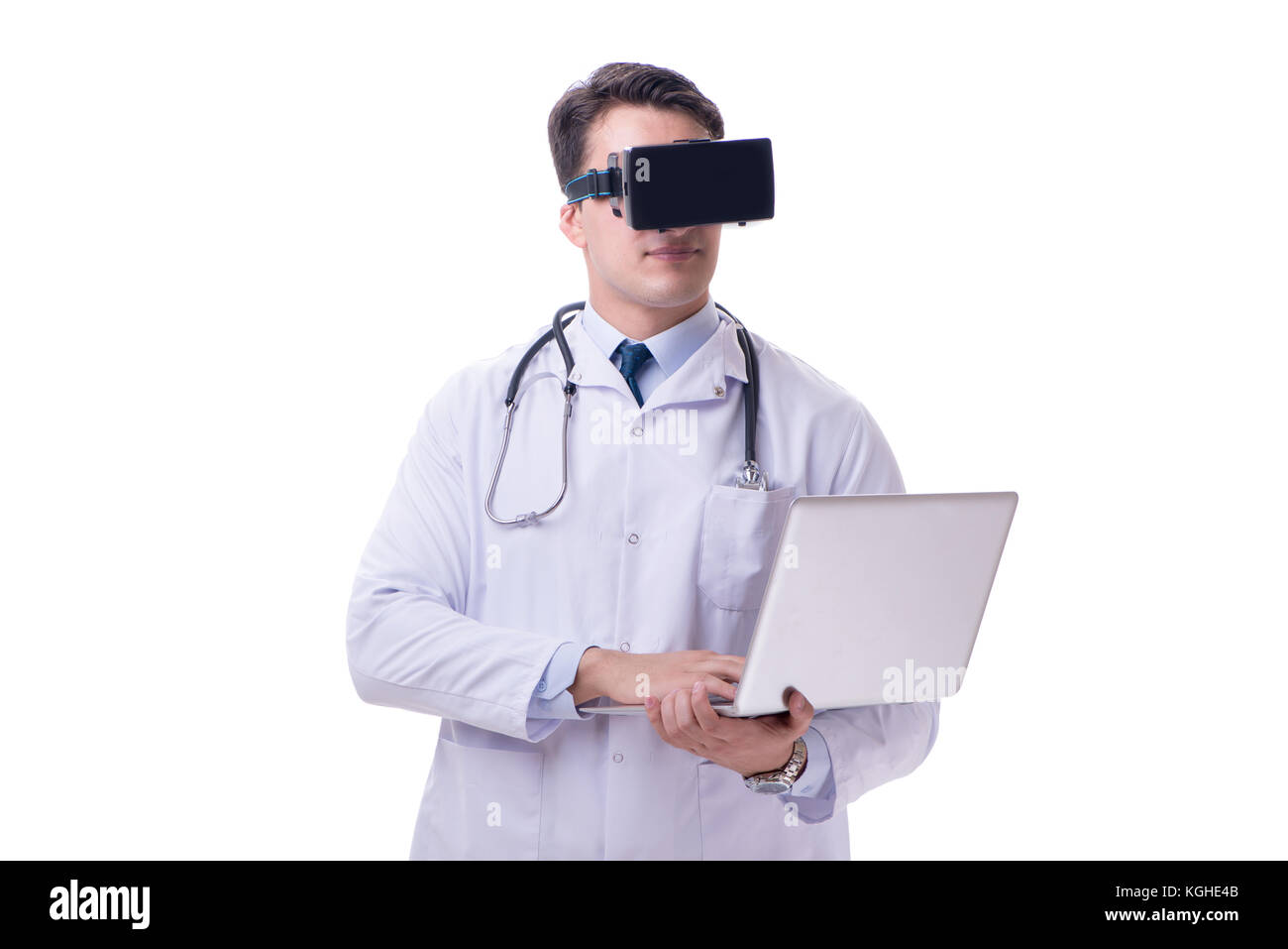 Doctor wearing a vr virtual reality headset isolated on white ...