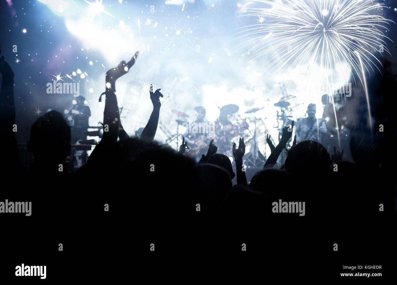 new Year concept - cheering crowd and fireworks Stock Photo - Alamy