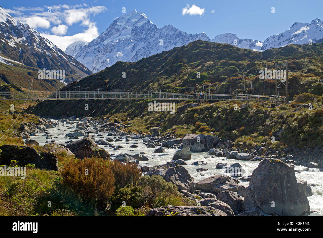 Swing bridge on the Hooker Valley Track in Aoraki/Mt Cook National Park ...