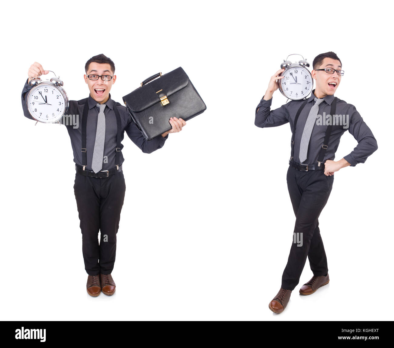Funny businessman with clock isolated on white Stock Photo - Alamy