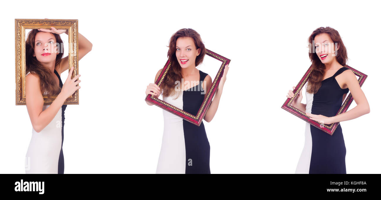 Woman with picture frame on white Stock Photo - Alamy