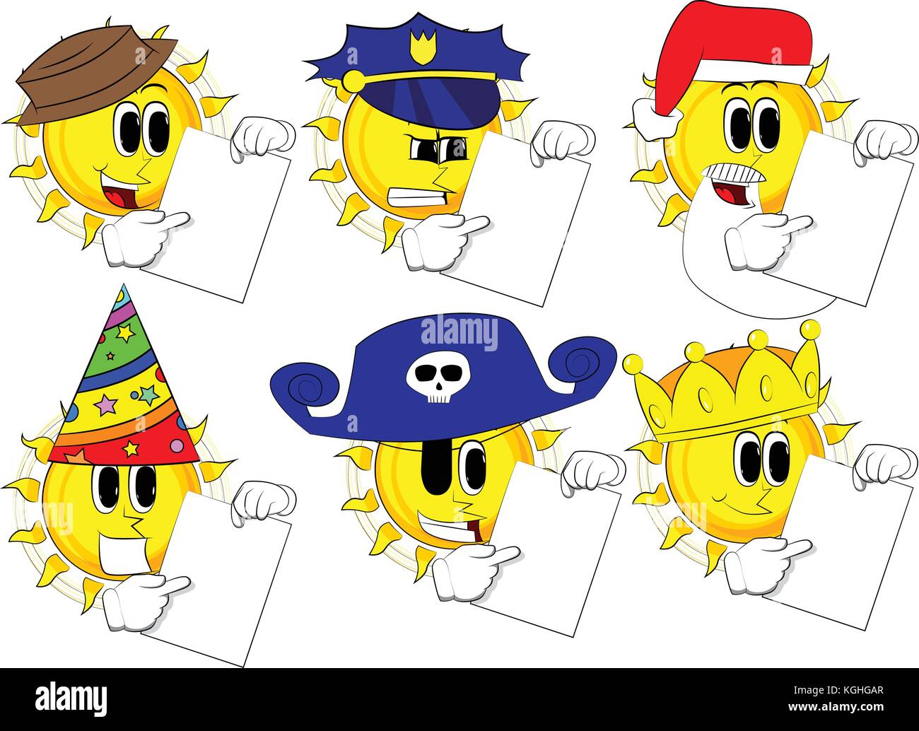 Cartoon sun holding white paper and pointing at it. Collection with ...