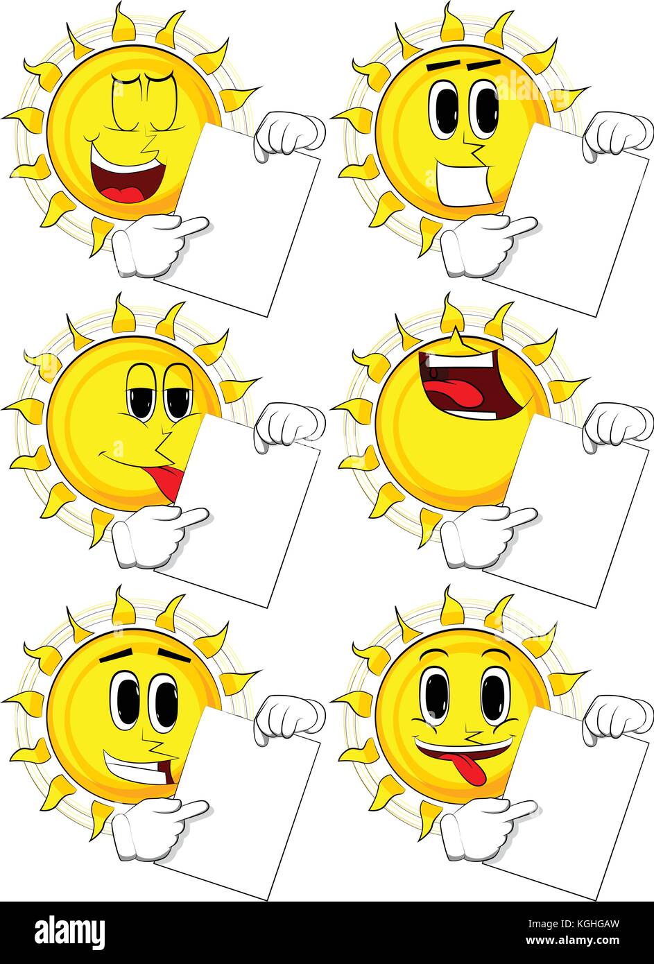 Cartoon sun holding white paper and pointing at it. Collection with ...